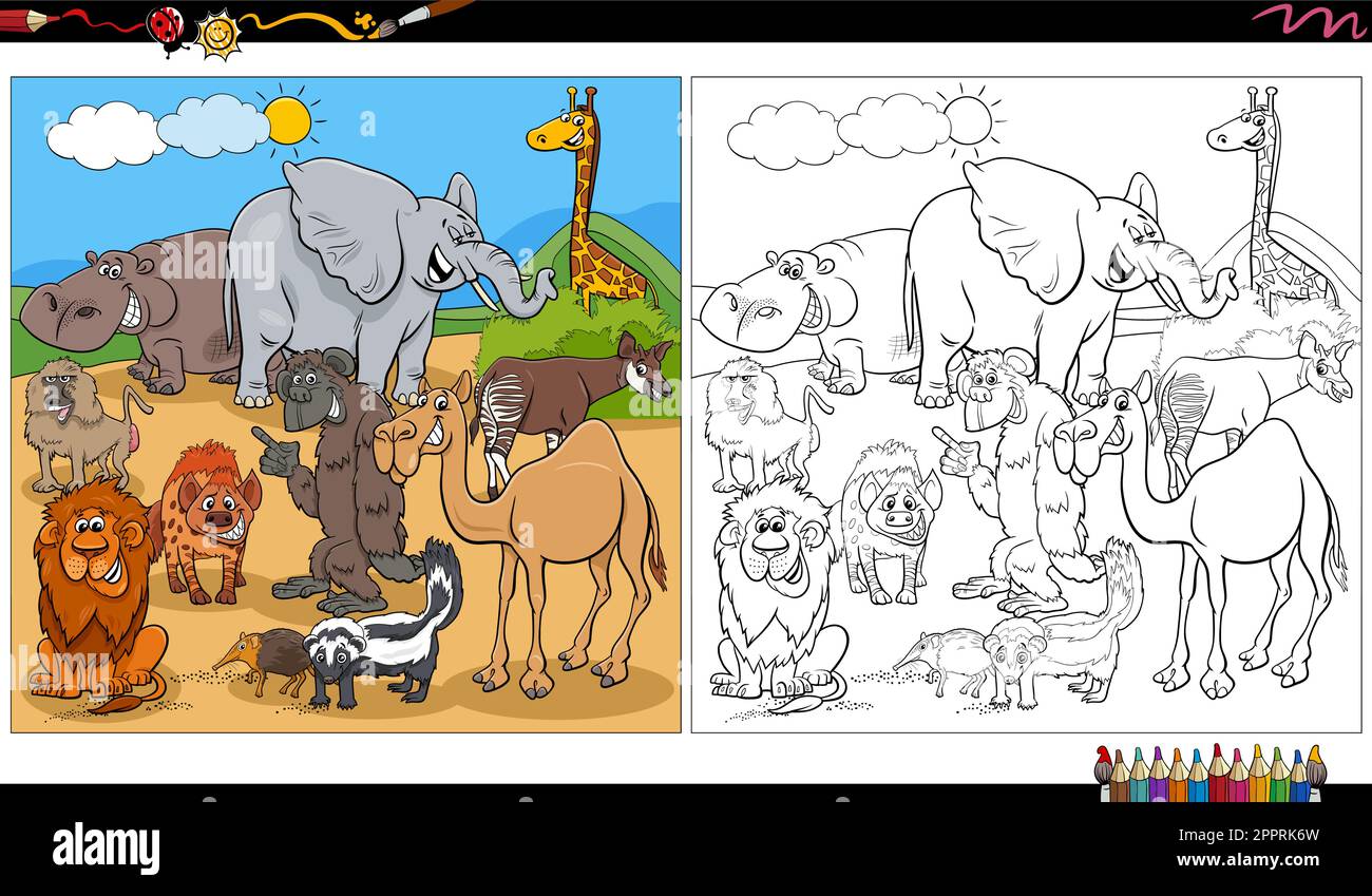 cartoon wild animal characters group coloring page Stock Vector Image ...