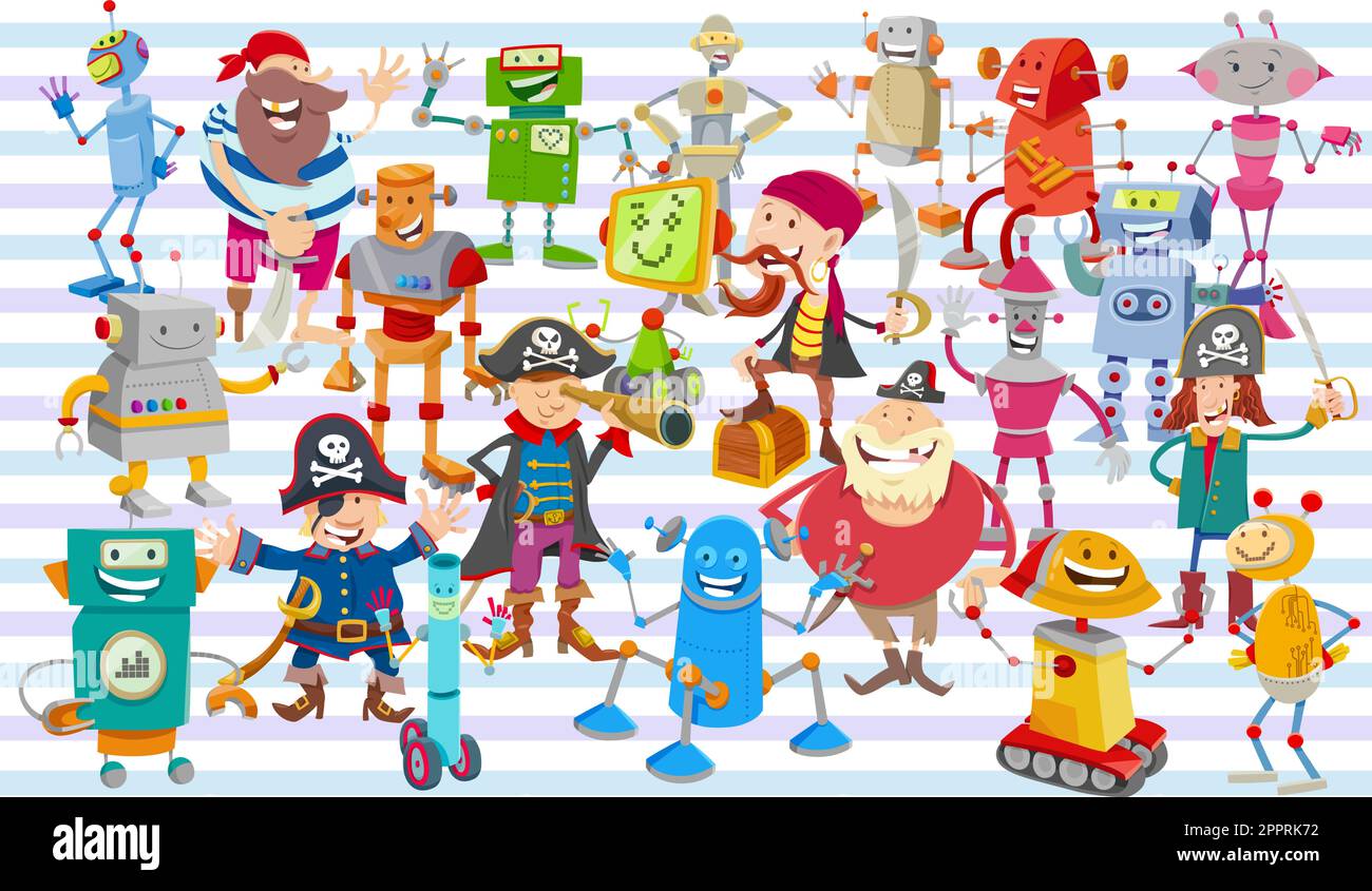 cartoon robots and pirates set or paper pack design Stock Vector Image ...