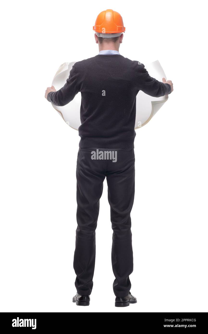 back view of handsome business man in orange builder's helmet Stock ...