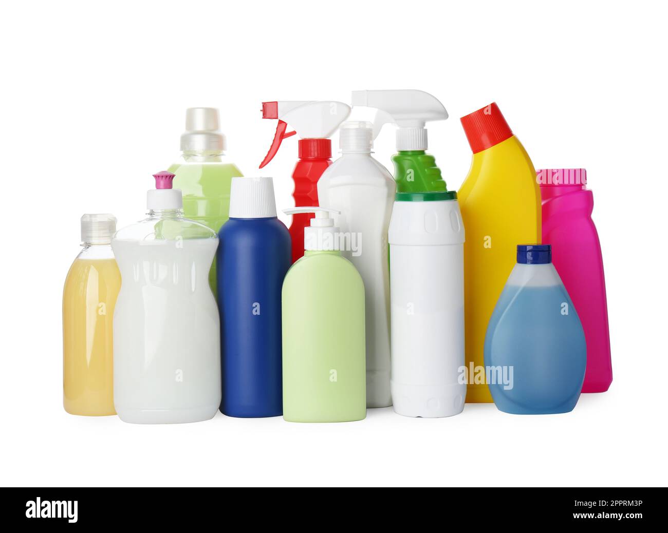 Set of different cleaning supplies on white background Stock Photo - Alamy