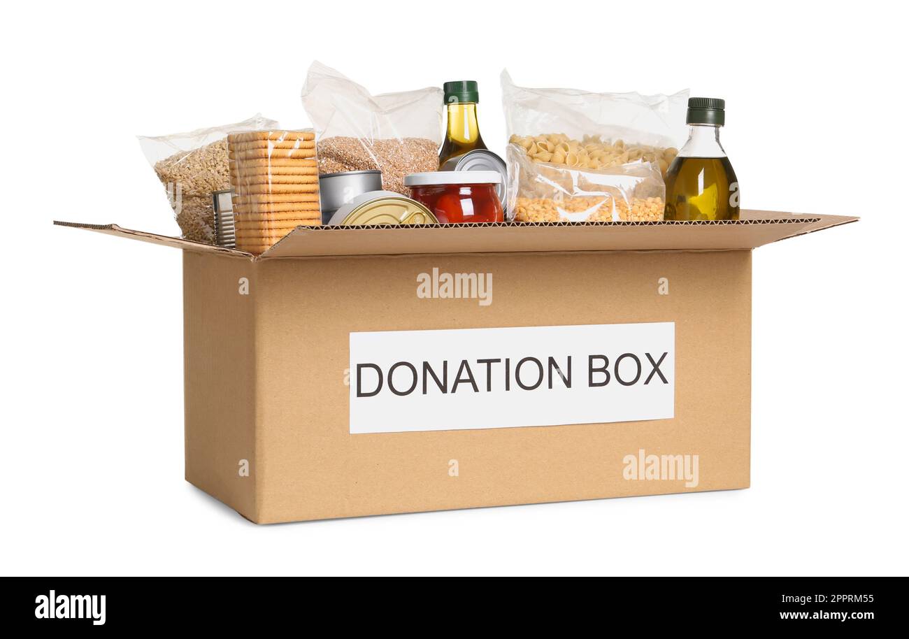 Donation box with food isolated on white Stock Photo - Alamy