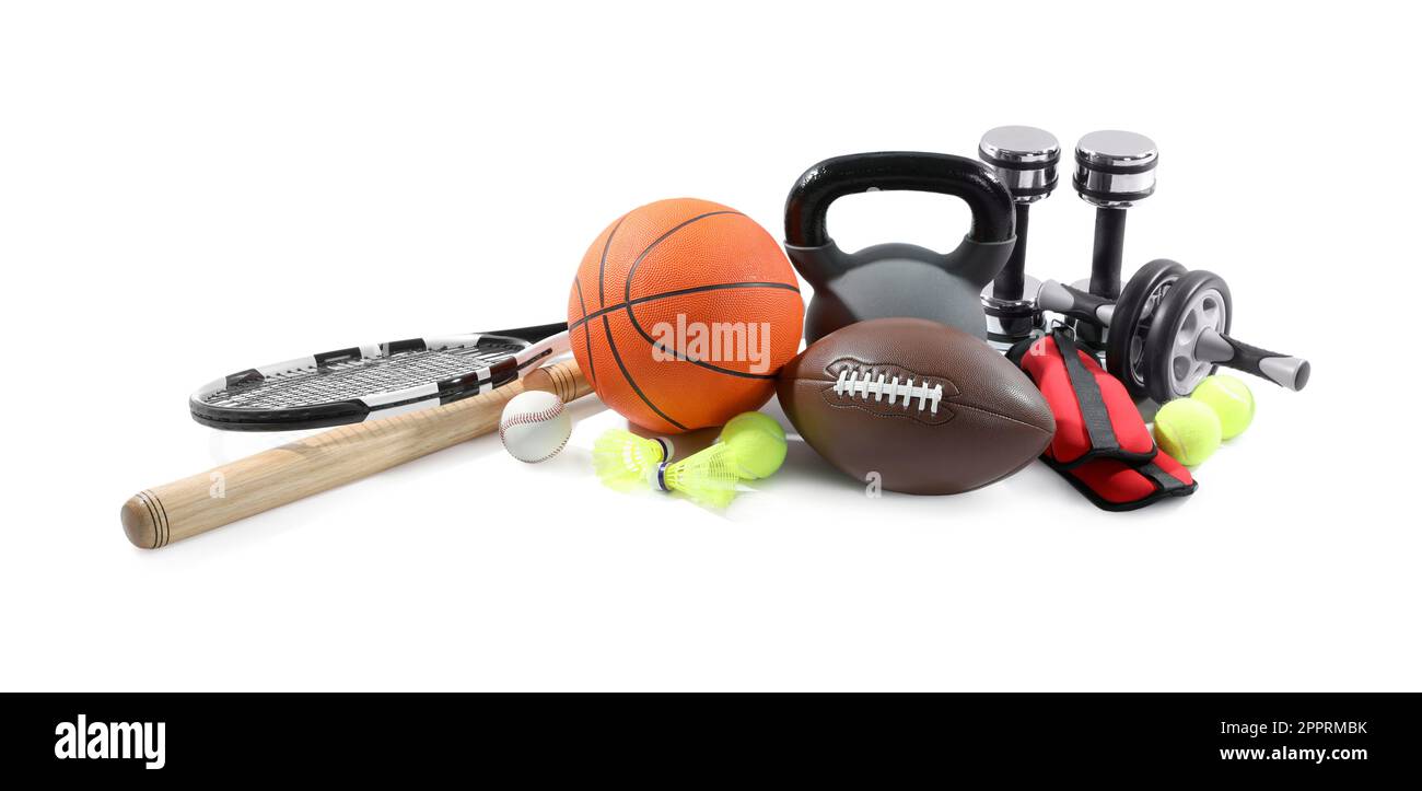 Set of different sports equipment on white background Stock Photo - Alamy