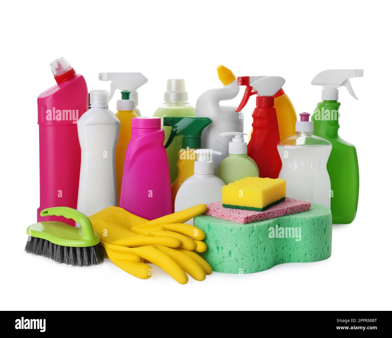 Set of different cleaning supplies on white background Stock Photo - Alamy