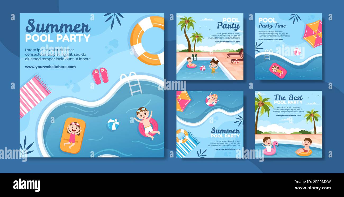 Summer Pool Party Social Media Post Template Cartoon Background Vector ...