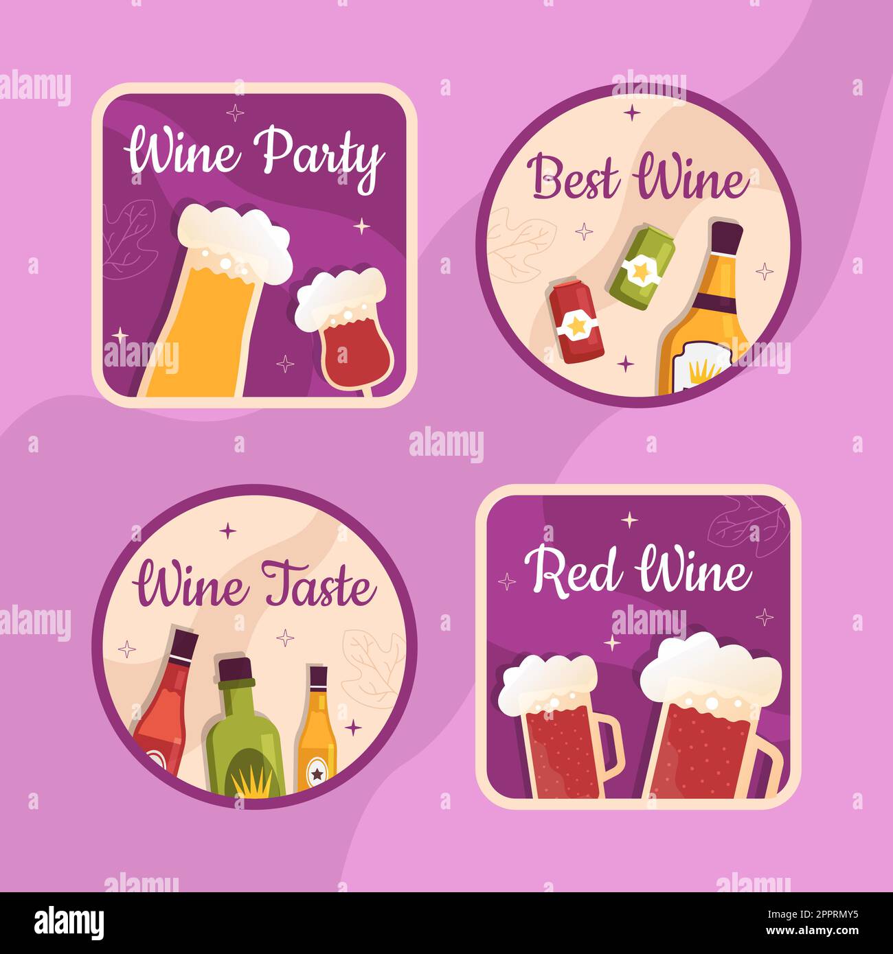 Wine Party Label Template Flat Cartoon Background Vector Illustration ...