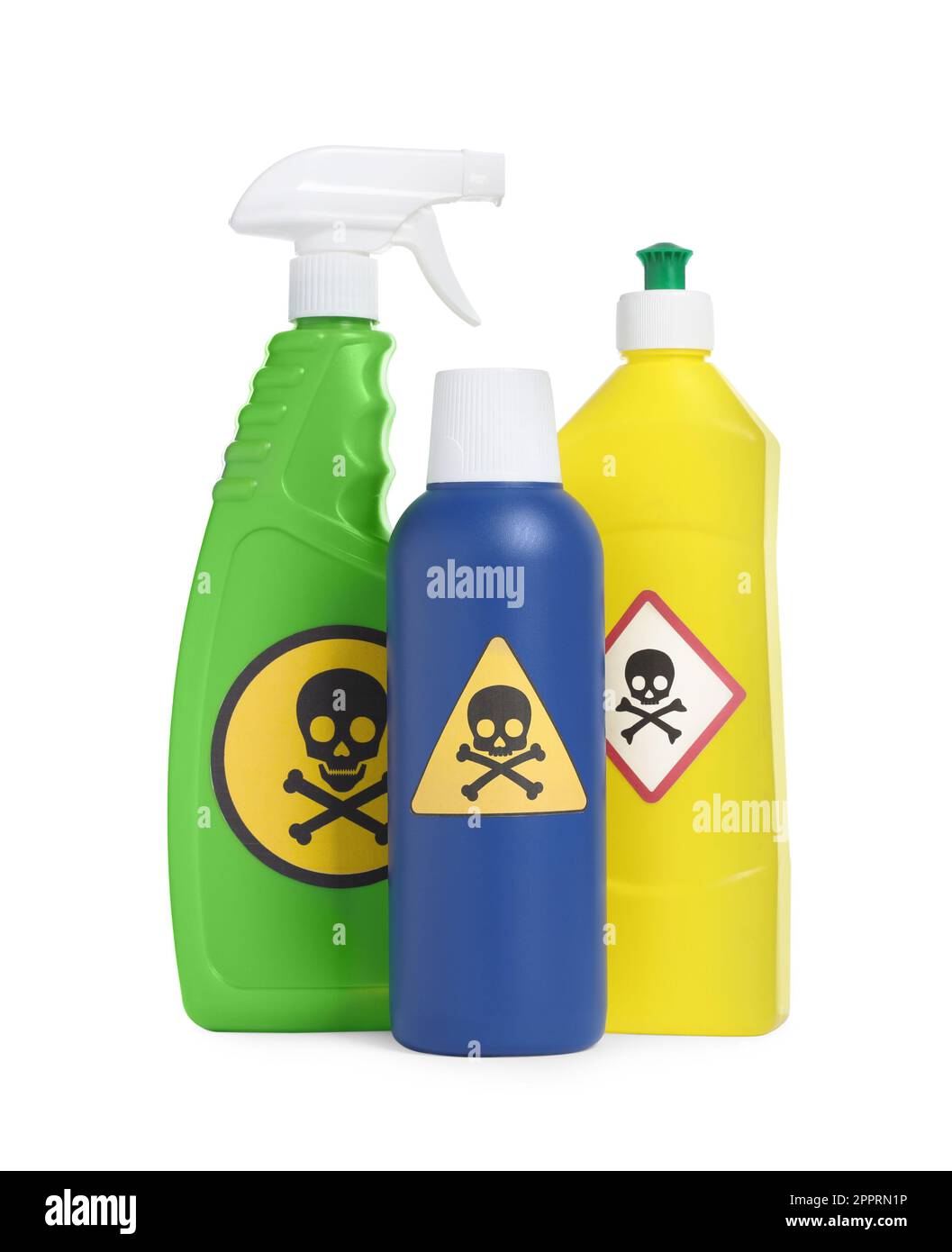 Bottles of toxic household chemicals with warning signs on white ...