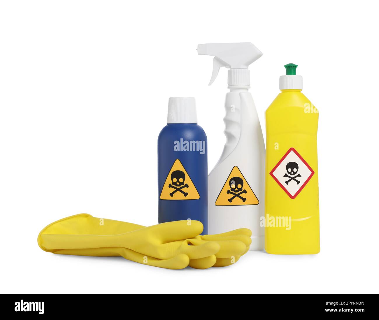 Bottles of toxic household chemicals with warning signs and gloves on ...