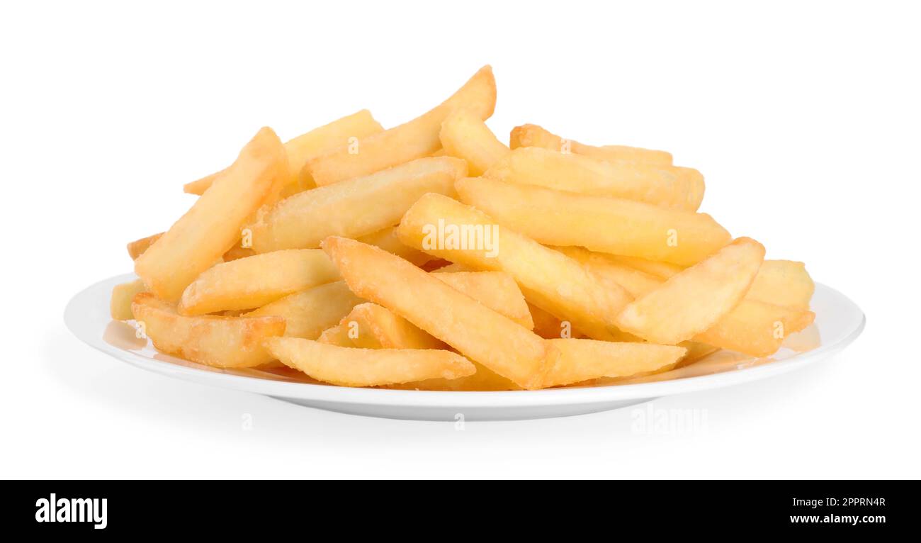 Plate with delicious french fries on white background Stock Photo - Alamy
