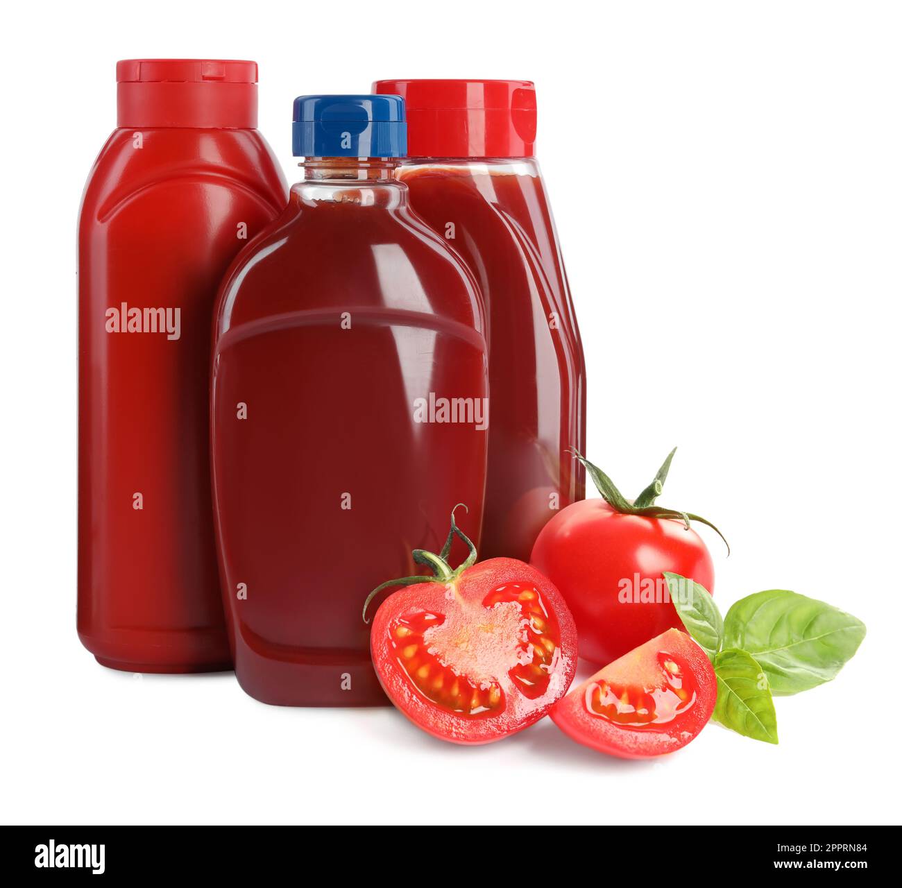 Tasty ketchup and fresh ripe tomatoes on white background Stock Photo ...
