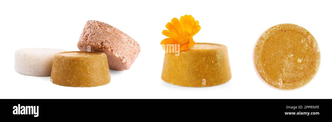Set with solid shampoo bars on white background, banner design. Hair ...