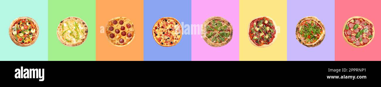 Set of delicious pizzas on different color backgrounds, top view ...