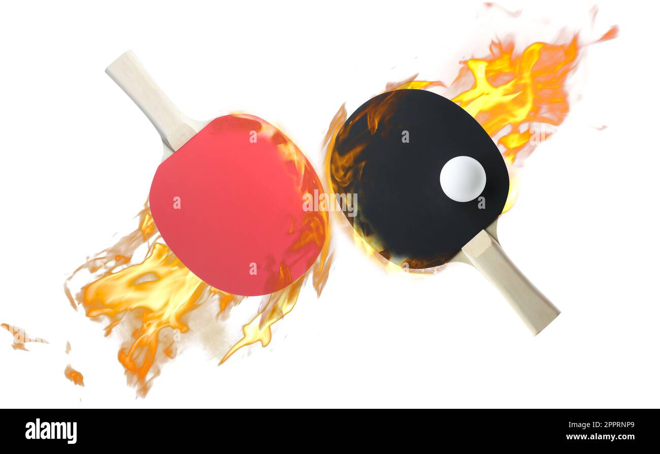Ping pong rackets and ball in fire on white background Stock Photo - Alamy