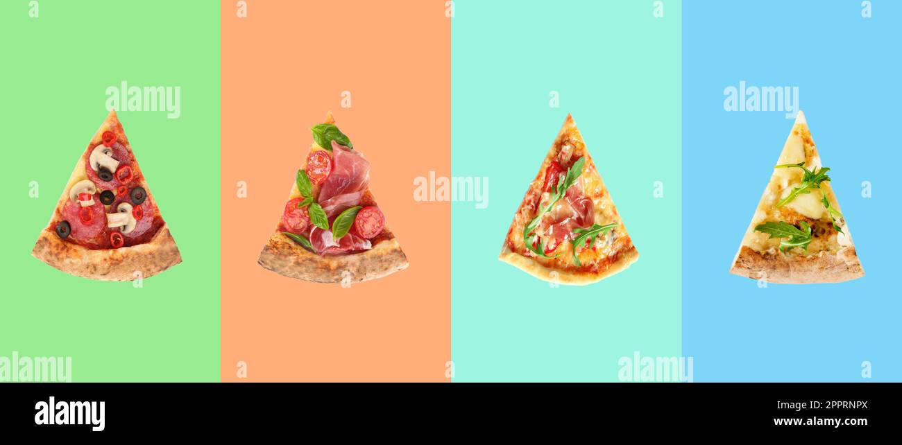 Set with slices of delicious pizzas on different color backgrounds, top ...