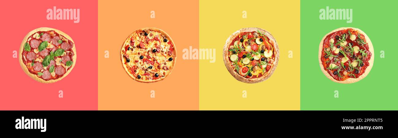 Set of delicious pizzas on different color backgrounds, top view ...