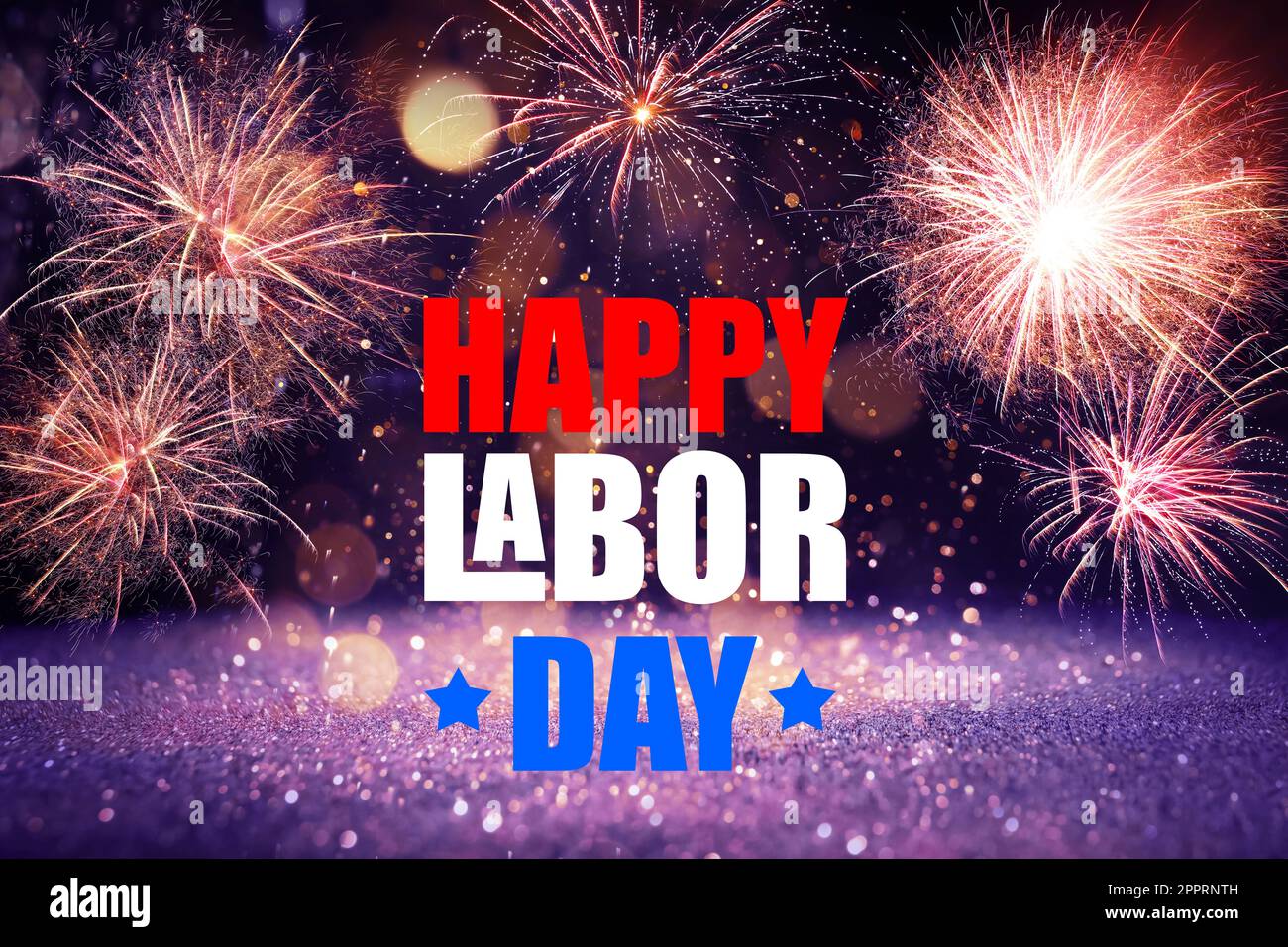 Happy Labor Day. Festive background with fireworks and glitters, bokeh ...