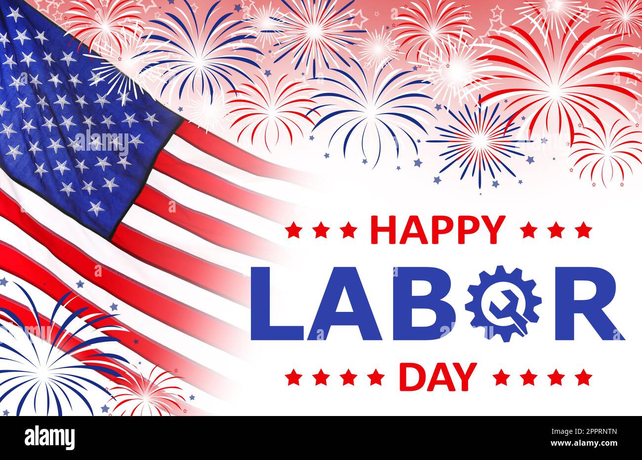 Happy Labor Day. American national flag and fireworks on white ...