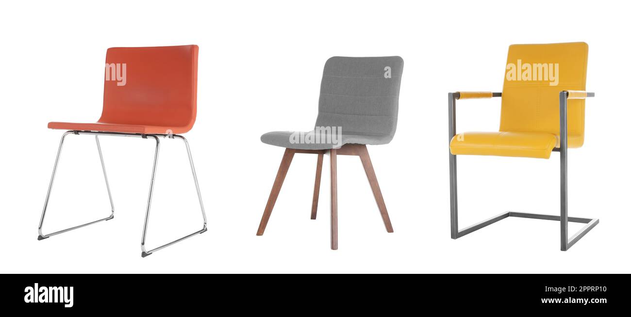Set with different stylish chairs on white background. Banner design ...