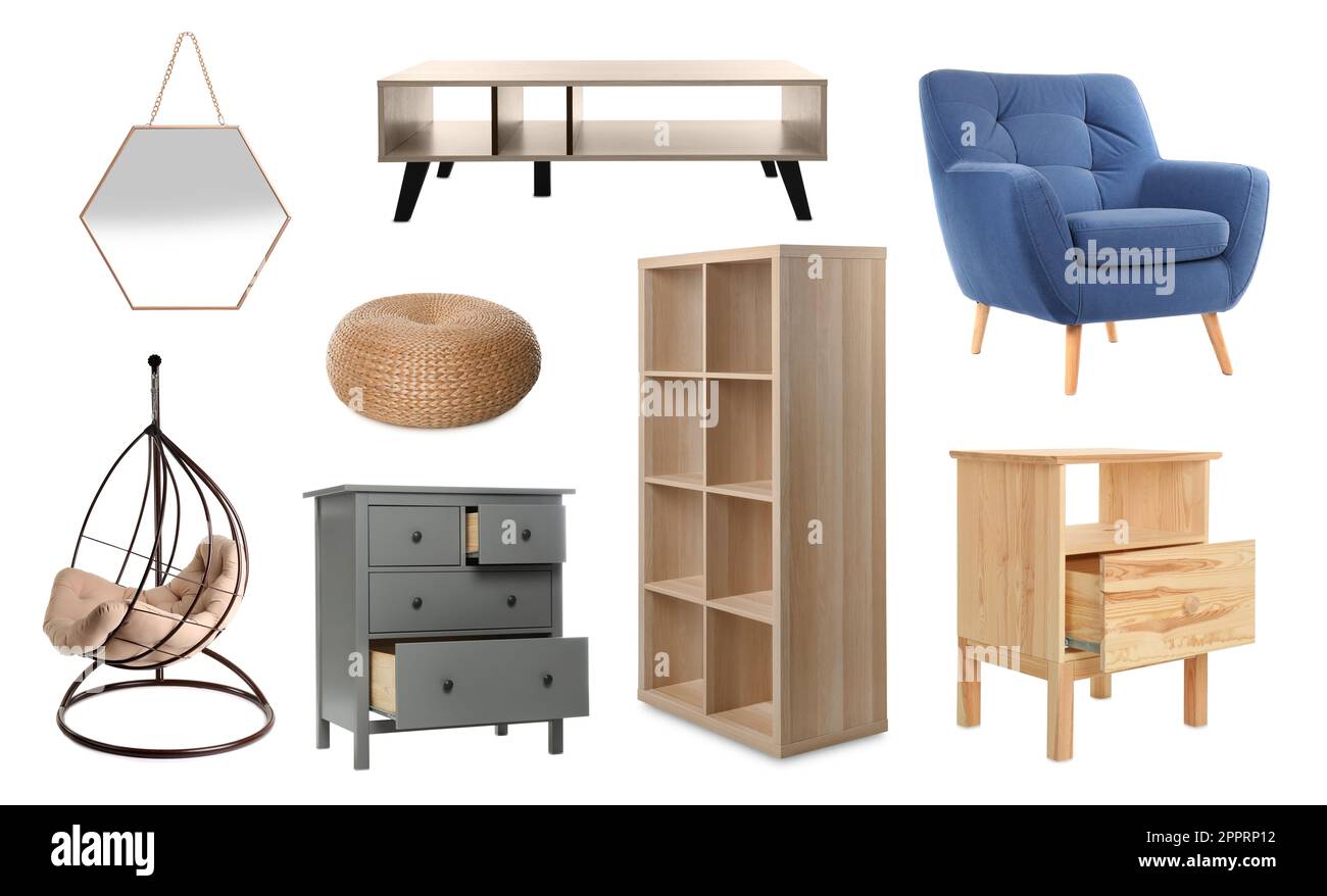 Collection of different stylish furniture on white background Stock ...