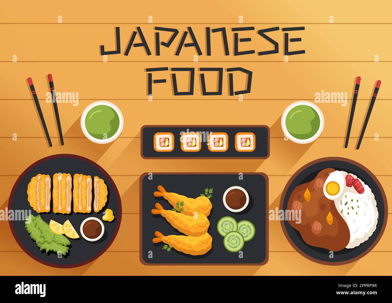 Japanese Food Cartoon Illustration with Various Delicious Dishes in the ...