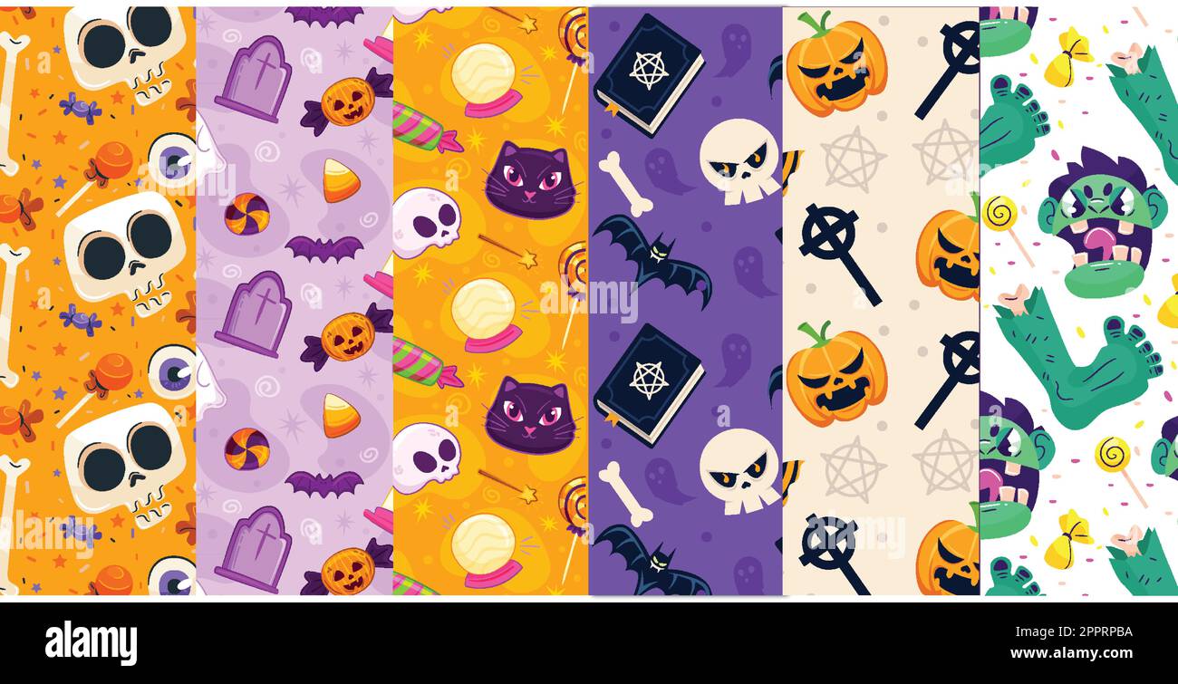 Halloween seamless patterns with cute cartoon characters and simbols ...