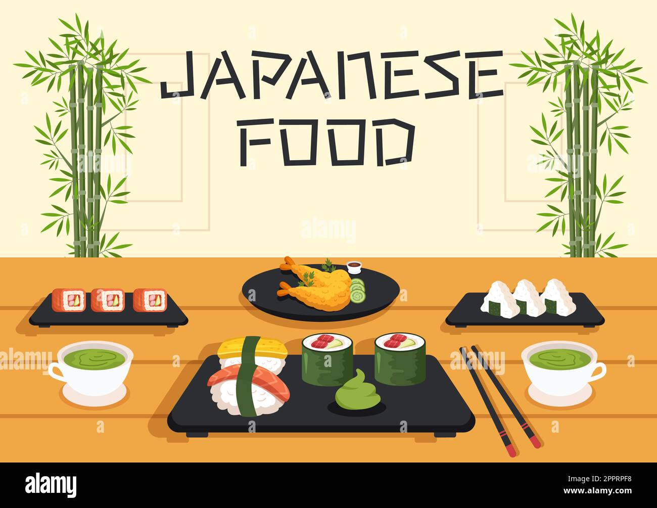 Japanese Food Cartoon Illustration with Various Delicious Dishes in the ...