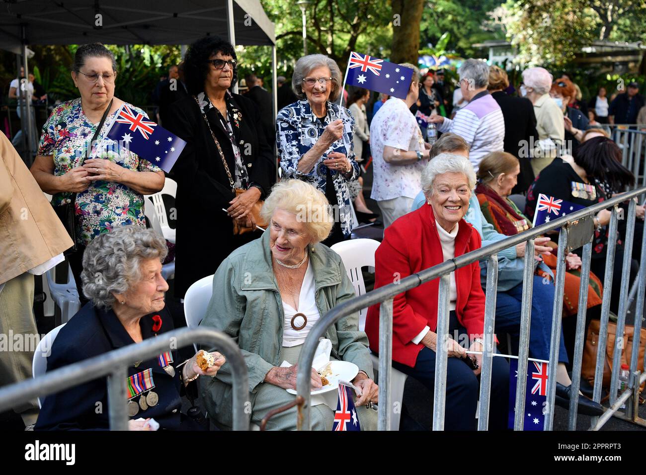 War widows watch the Anzac Day Dawn Service at Martin Place, Sydney ...