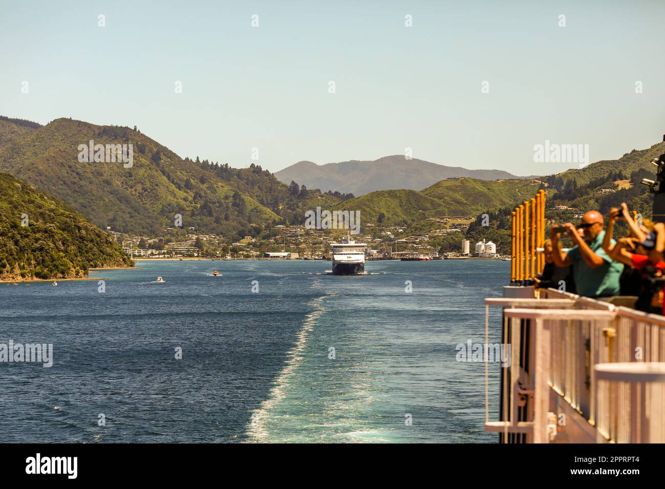 A KiwiRail Interislander ferry leaves the town of Picton on the South ...