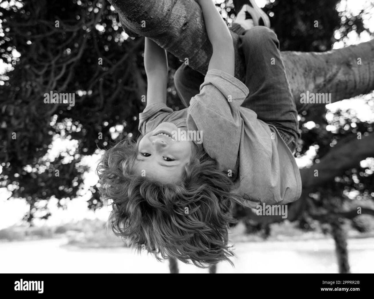 Little kid on a tree branch. Baby boy climbs a tree Stock Photo - Alamy