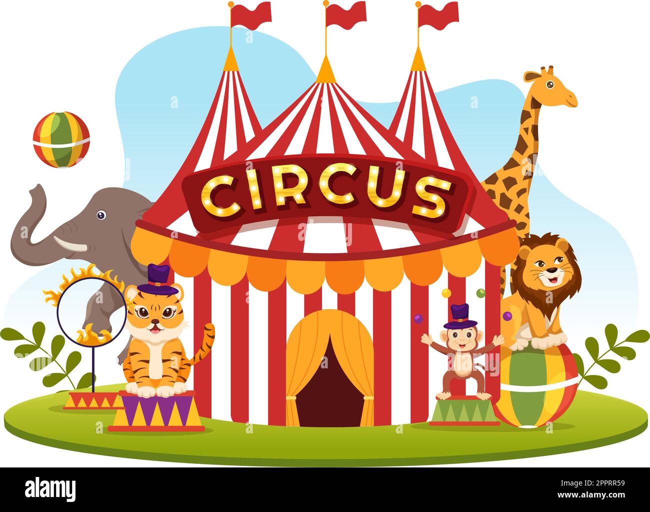 Circus Template Hand Drawn Cartoon Flat Illustration with Show of Gymnast, Magician, Animal Lion ...