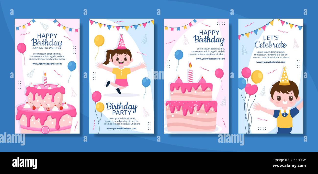Happy Birthday Party Social Media Stories Template Flat Cartoon ...