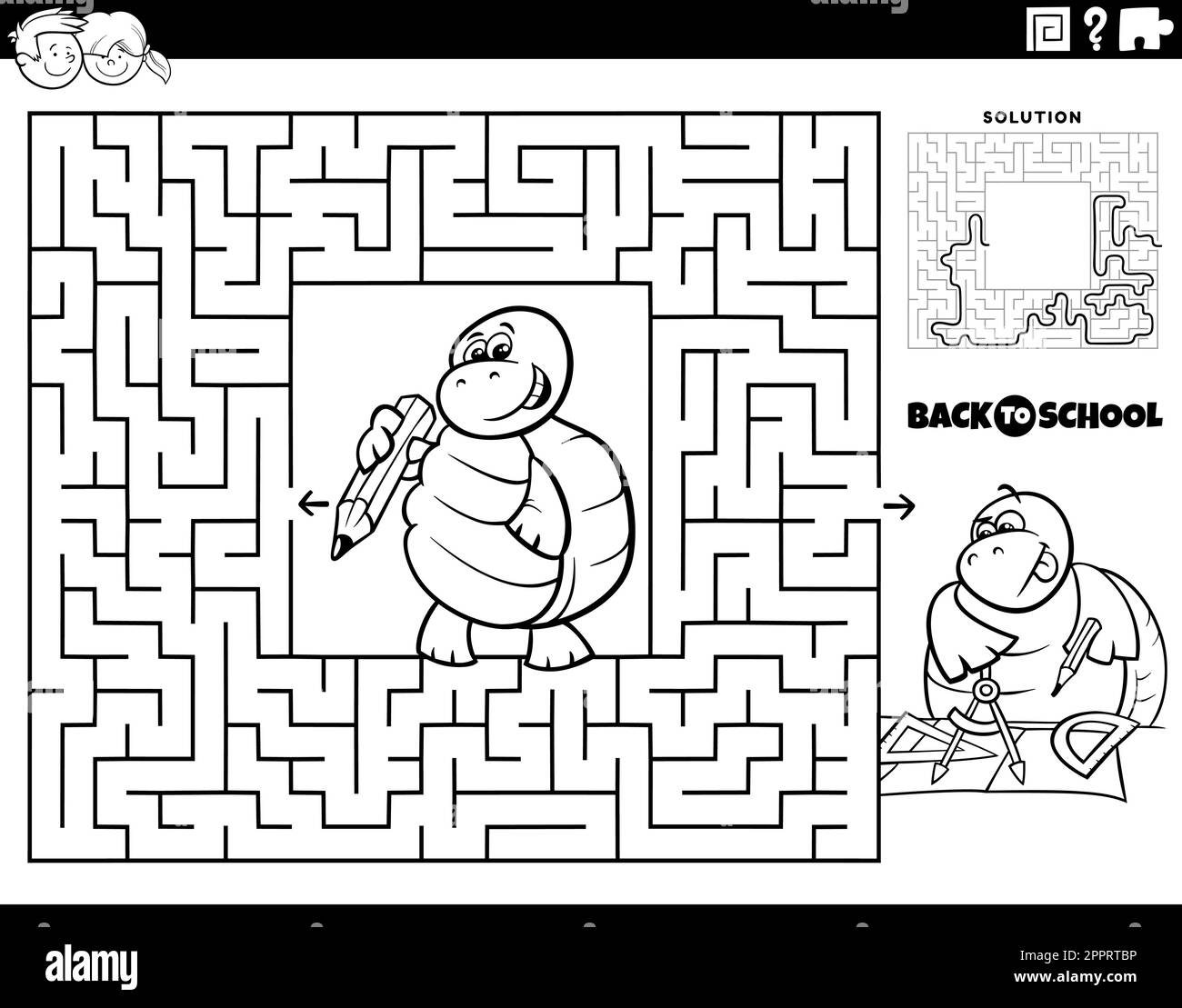 maze with cartoon turtle going to school coloring page Stock Vector ...