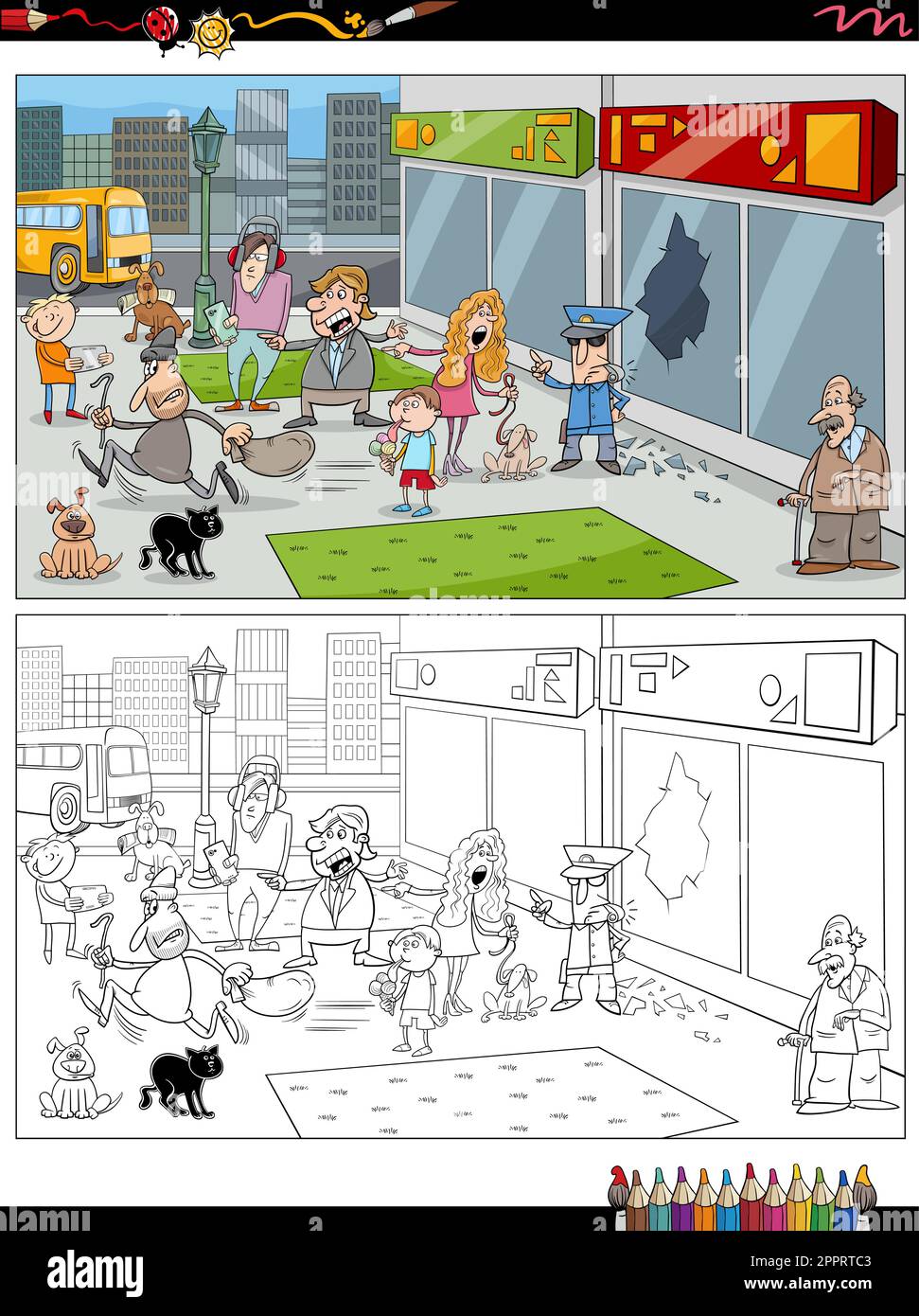 cartoon street situation with people coloring page Stock Vector Image ...