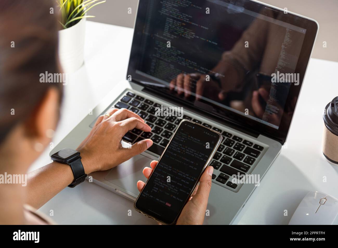 Software Developer Hands Typing Data Coding Programming Javascript With Laptop Computer Stock