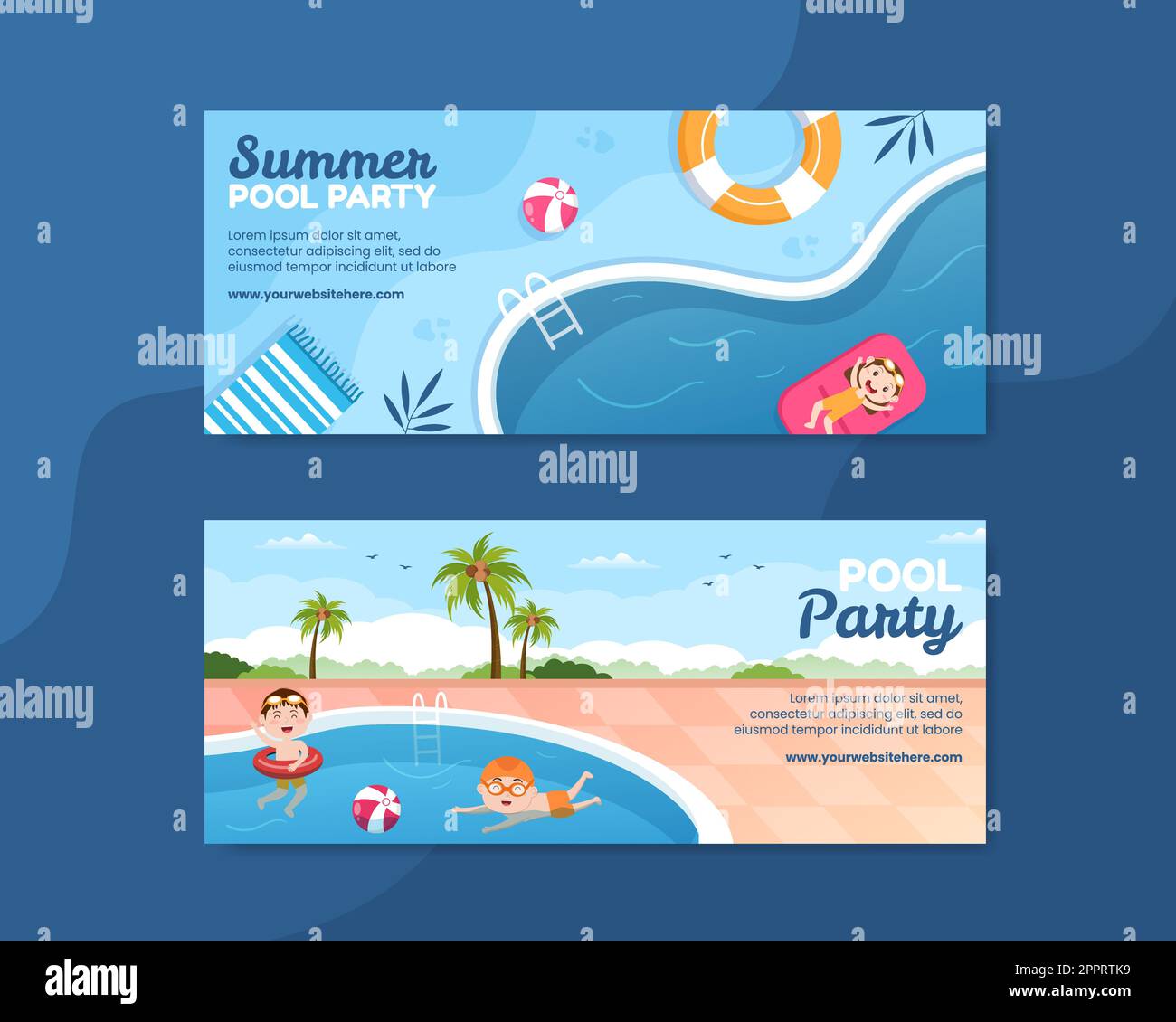 Summer Pool Party Horizontal Banner Template Cartoon Background Vector ...