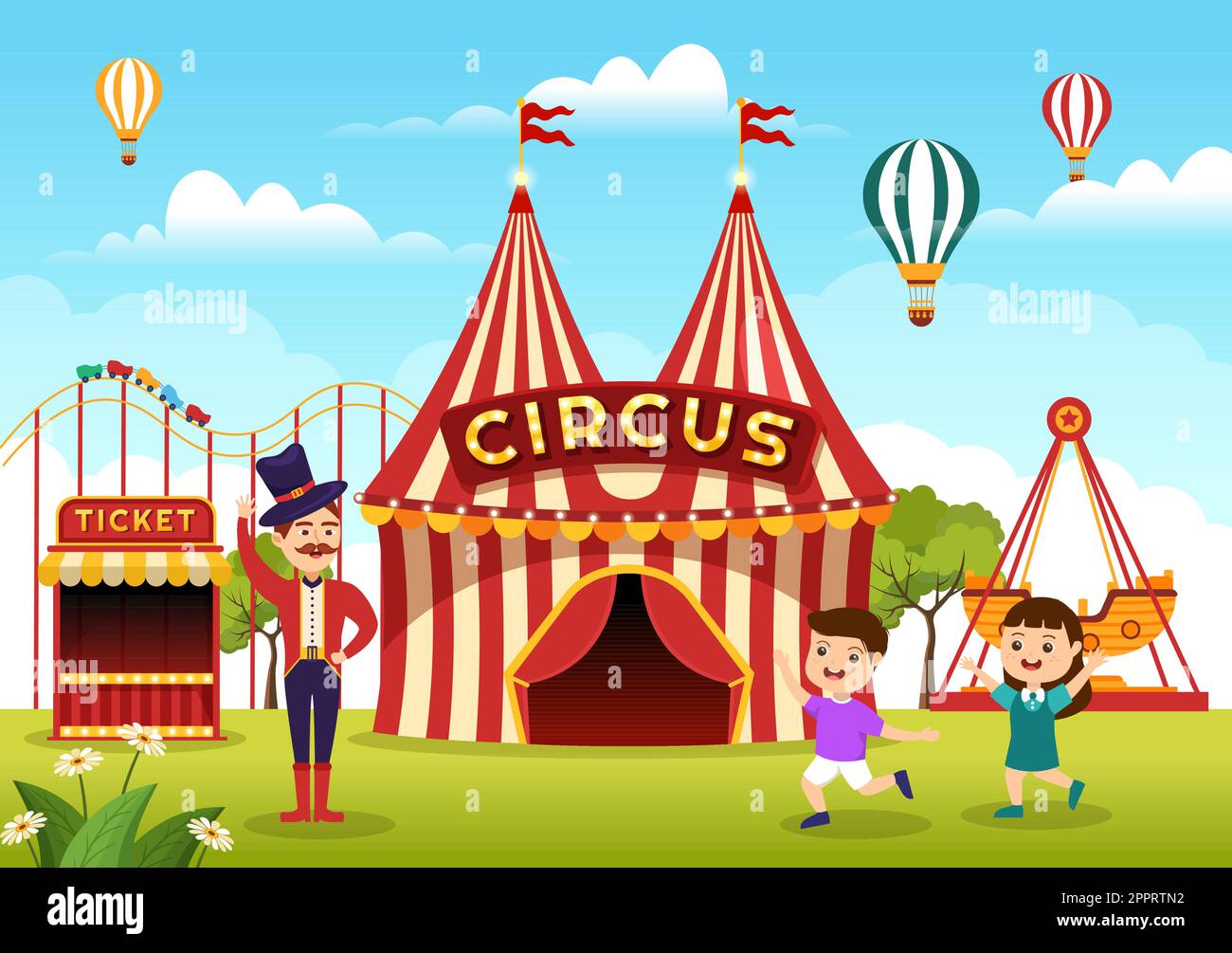 Circus Template Hand Drawn Cartoon Flat Illustration with Show of Gymnast, Magician, Animal Lion ...