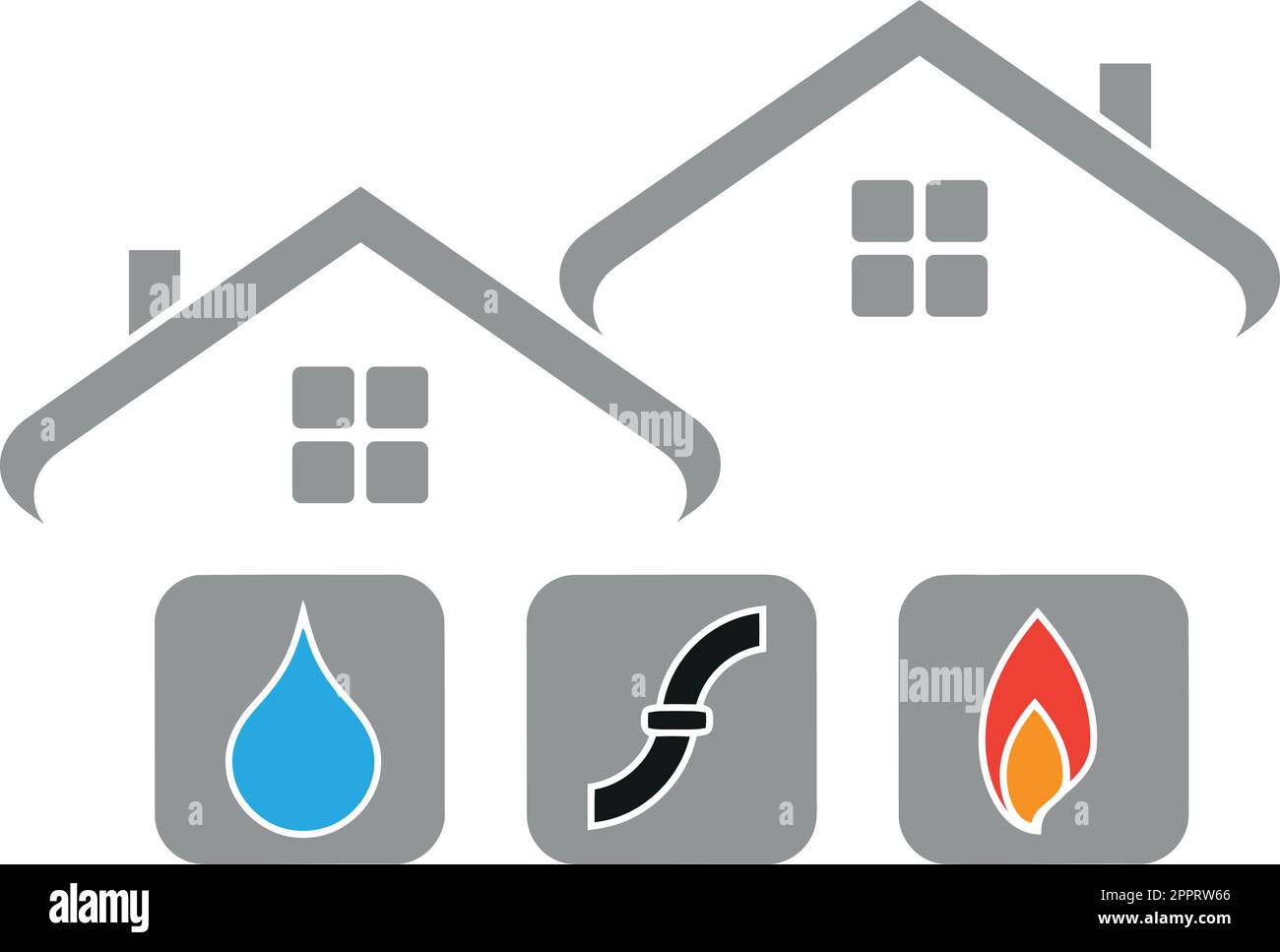 Two houses and fire, pipes, water, plumber and plumber logo Stock ...