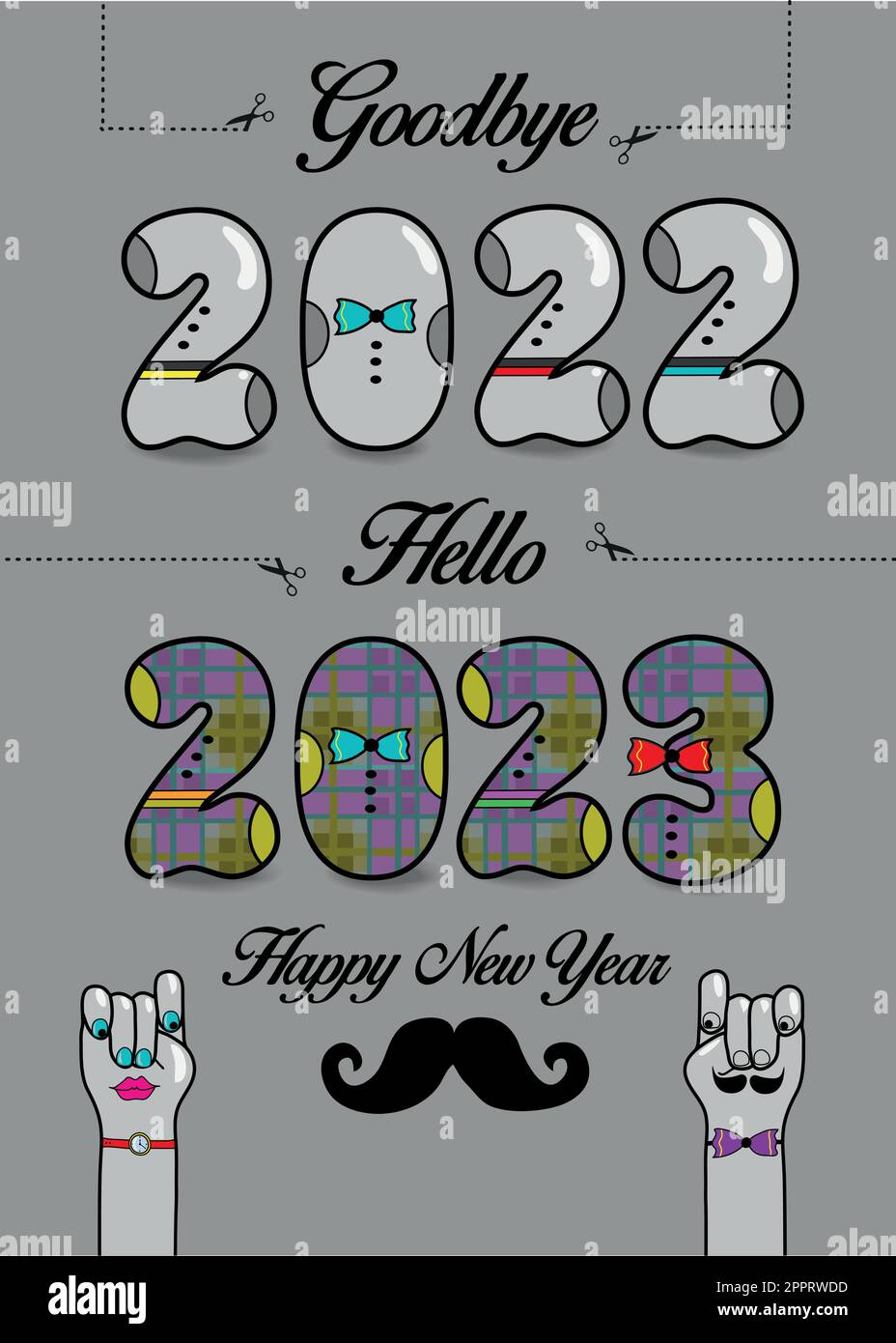 Goodbye 2022. Hello 2023. Happy New Year. Artistic numbers with ties ...