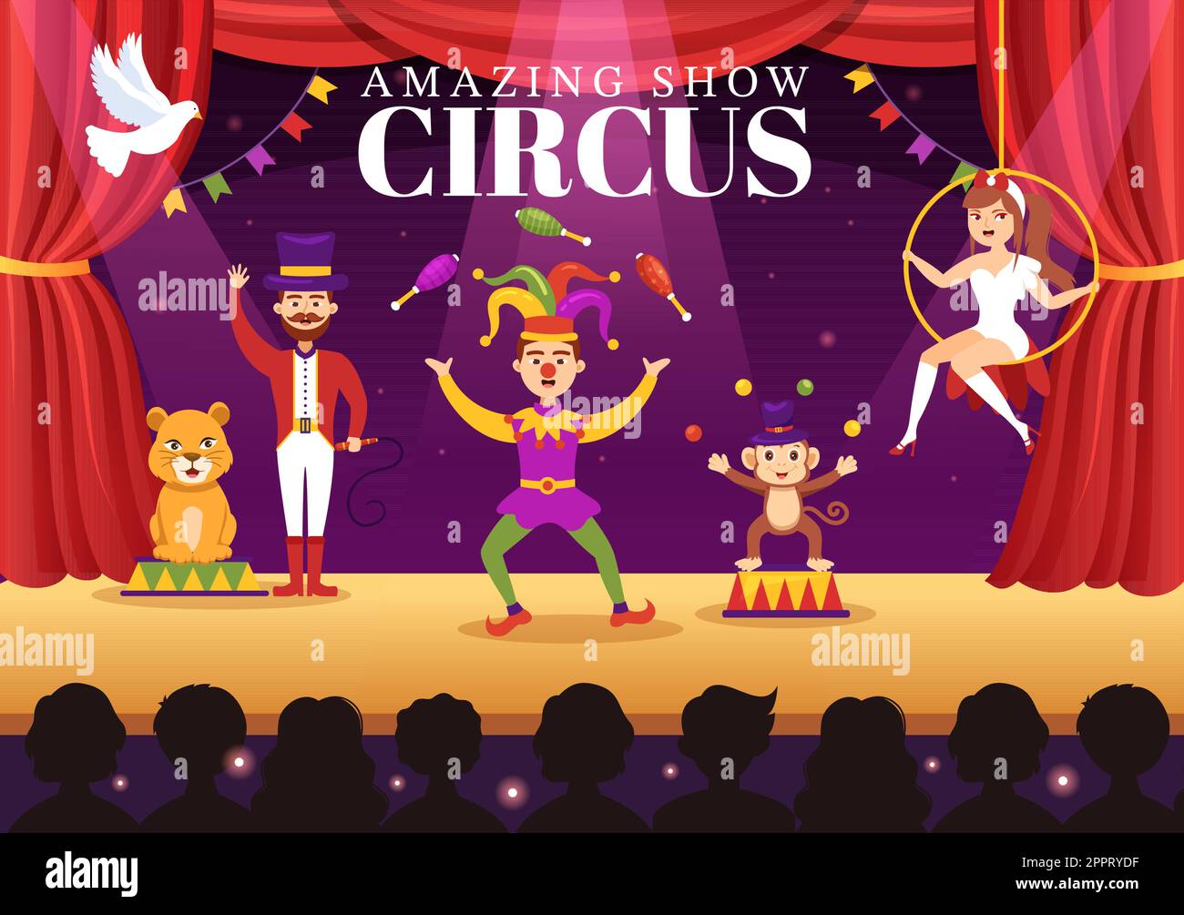 Circus Template Hand Drawn Cartoon Flat Illustration with Show of Gymnast, Magician, Animal Lion ...