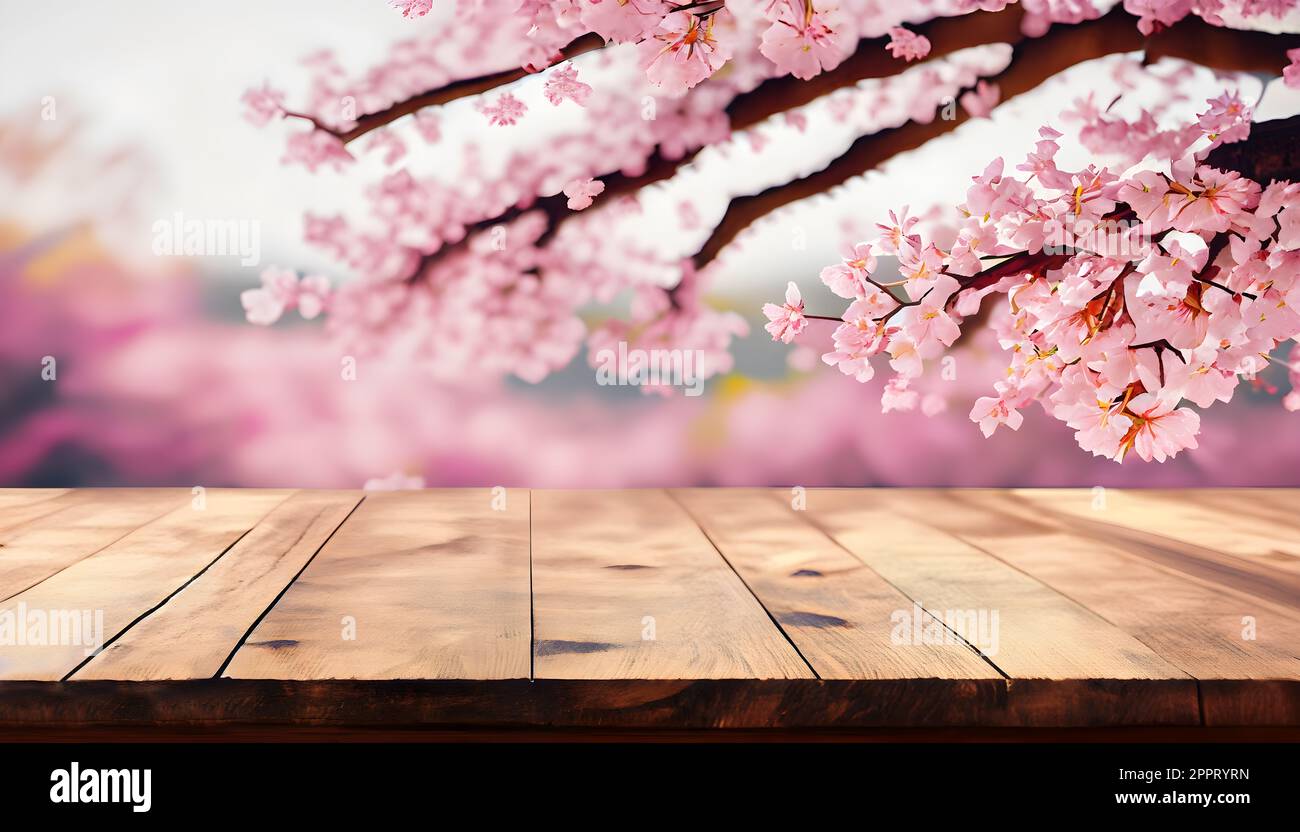 Empty wood table top and Sakura background. Mock up for display of ...