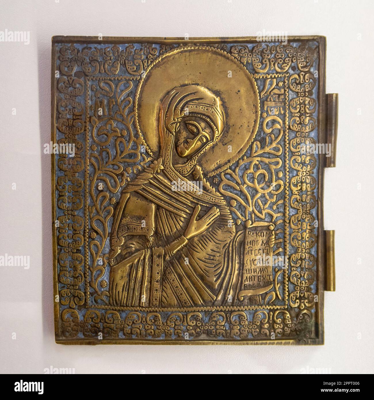 Medieval glazed gilded icon of the Mother of God with text in Old ...