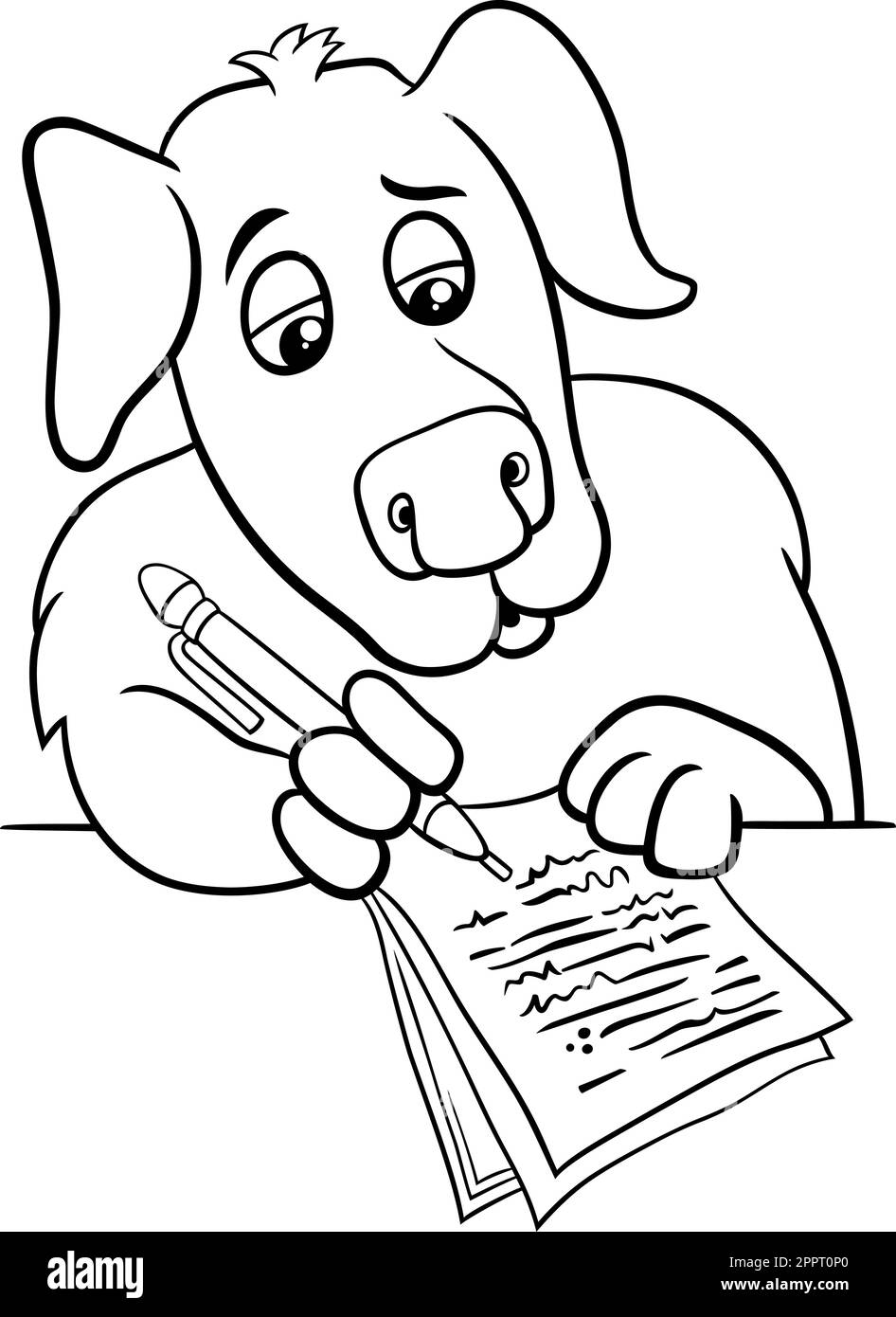 cartoon writer or poet dog writting on paper coloring page Stock Vector ...