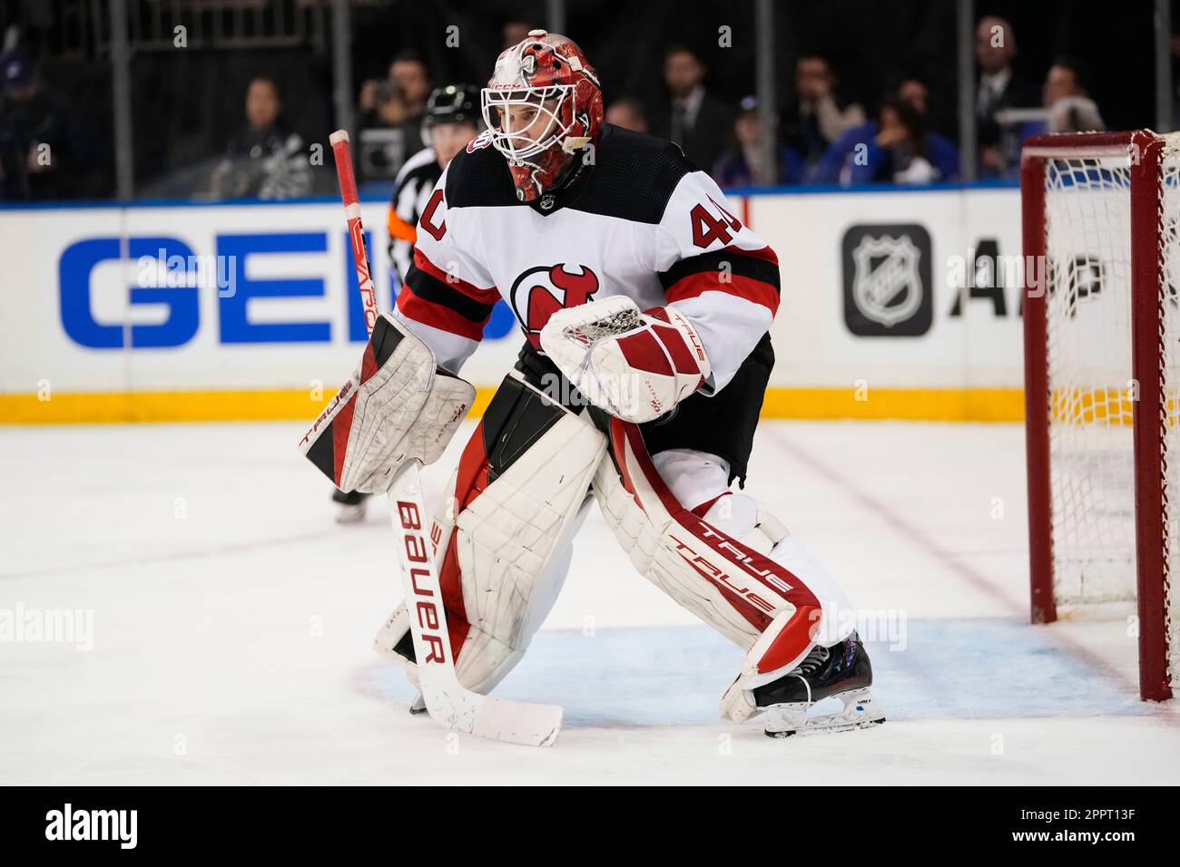 New Jersey Devils goaltender Akira Schmid (40) protects his net during ...