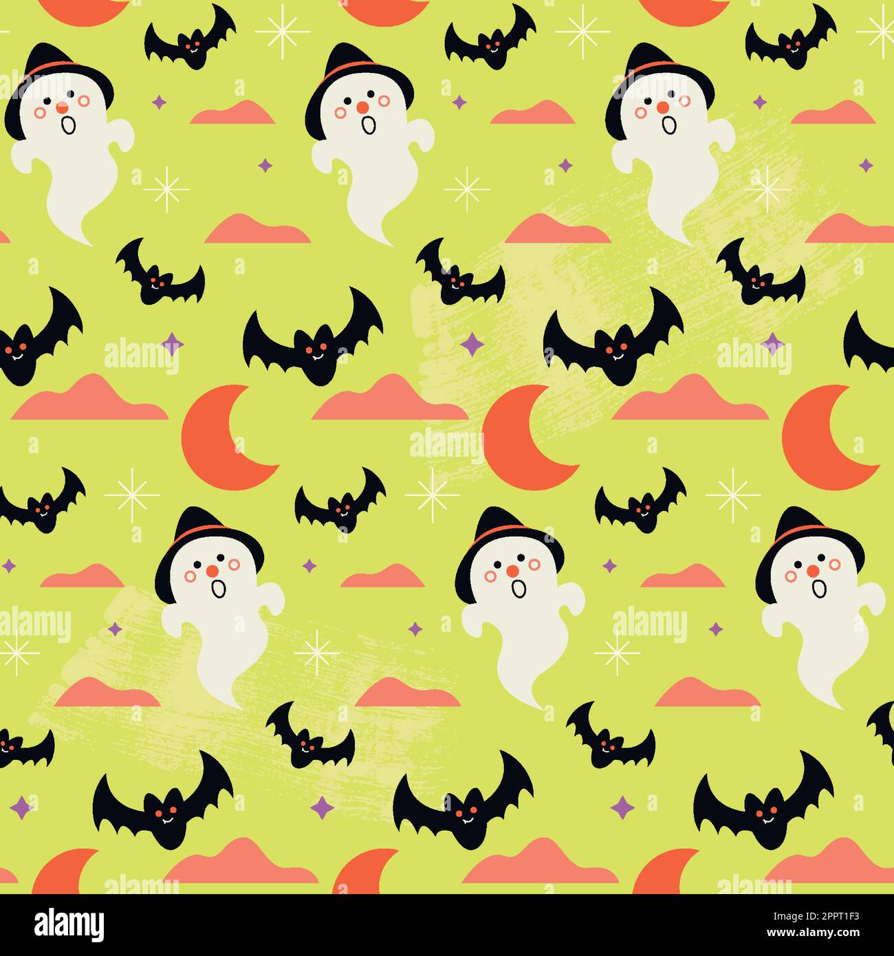 Halloween festive seamless pattern with cute ghost and bats Stock ...