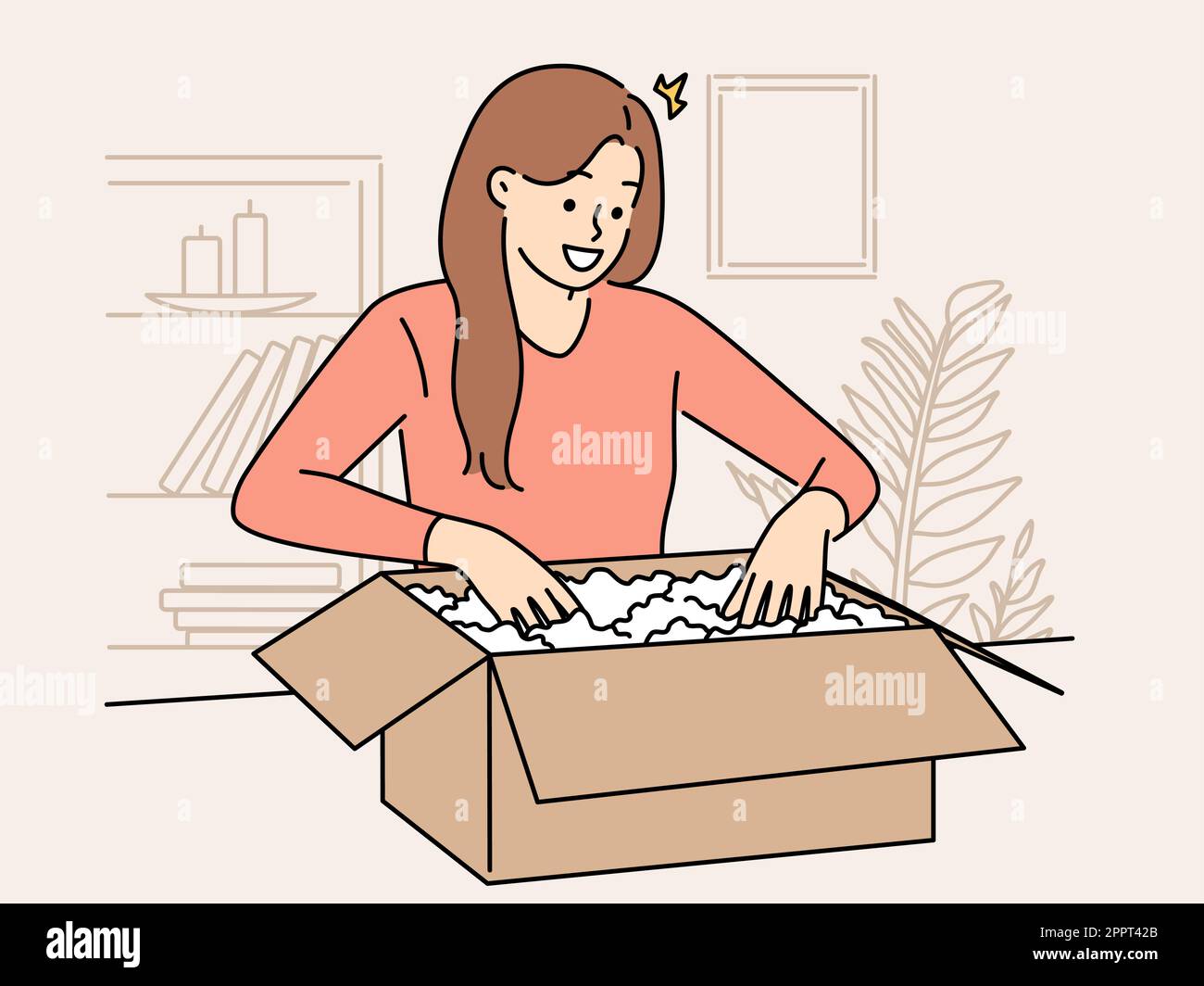 Smiling woman unpack box with order Stock Vector Image & Art - Alamy