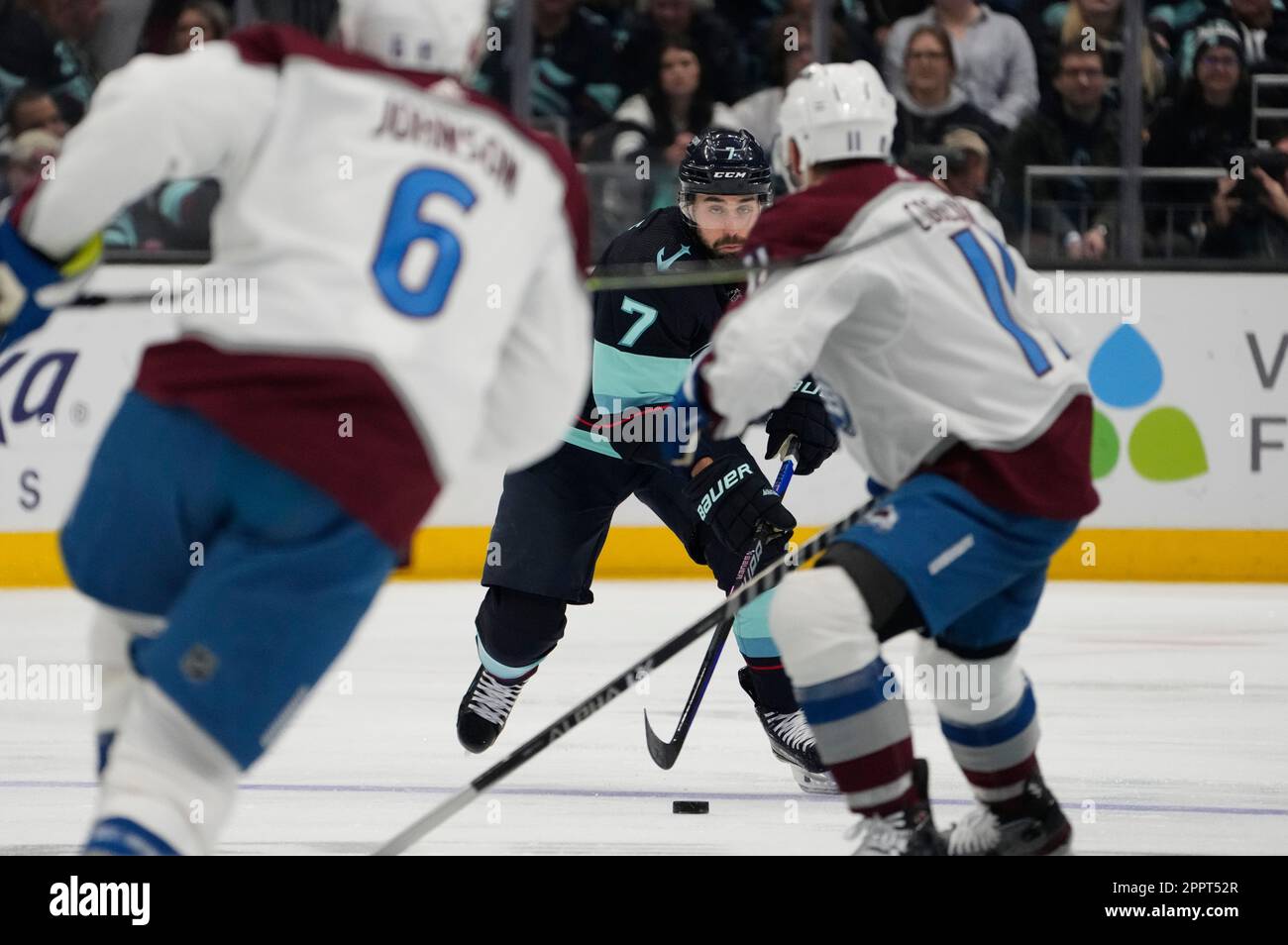 Seattle Kraken right wing Jordan Eberle (7) moves the puck against ...