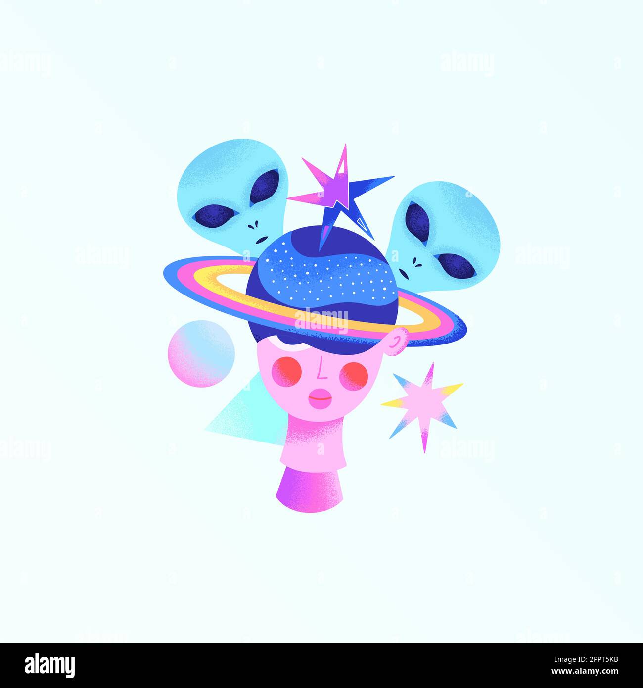 Psychedelic surreal illustration. Portrait of a woman with a planet and ...