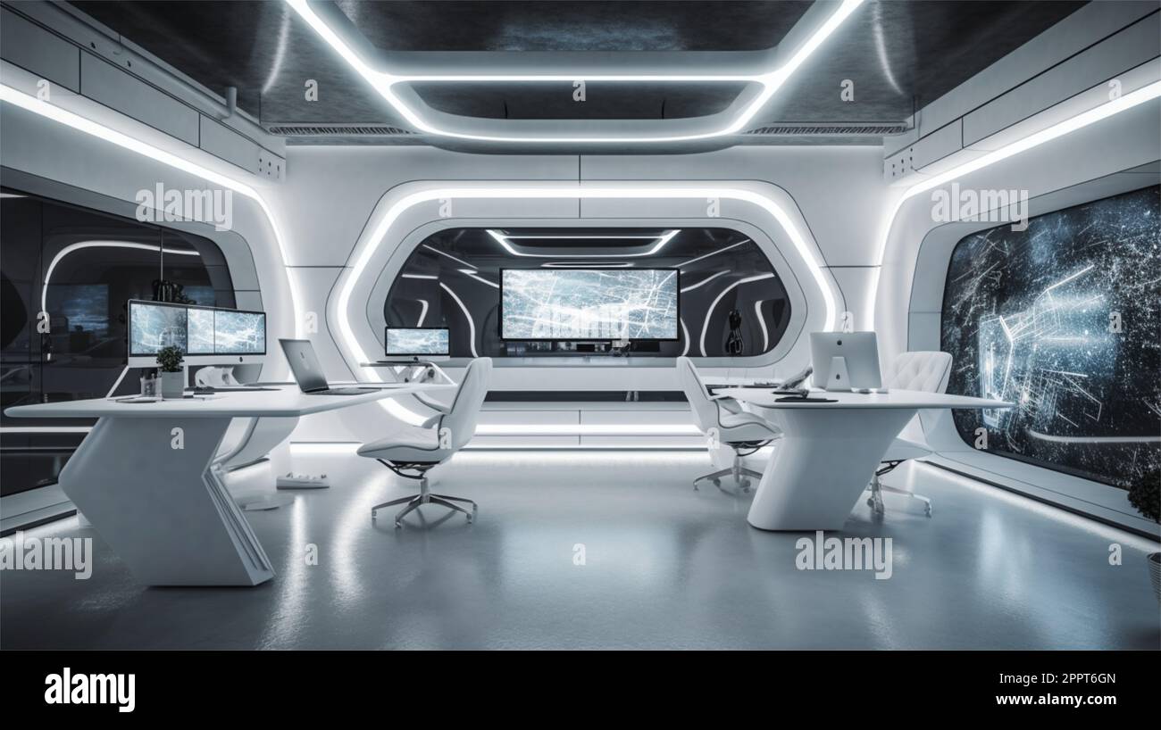 This stock photo shows an interior of a modern office space featuring ...