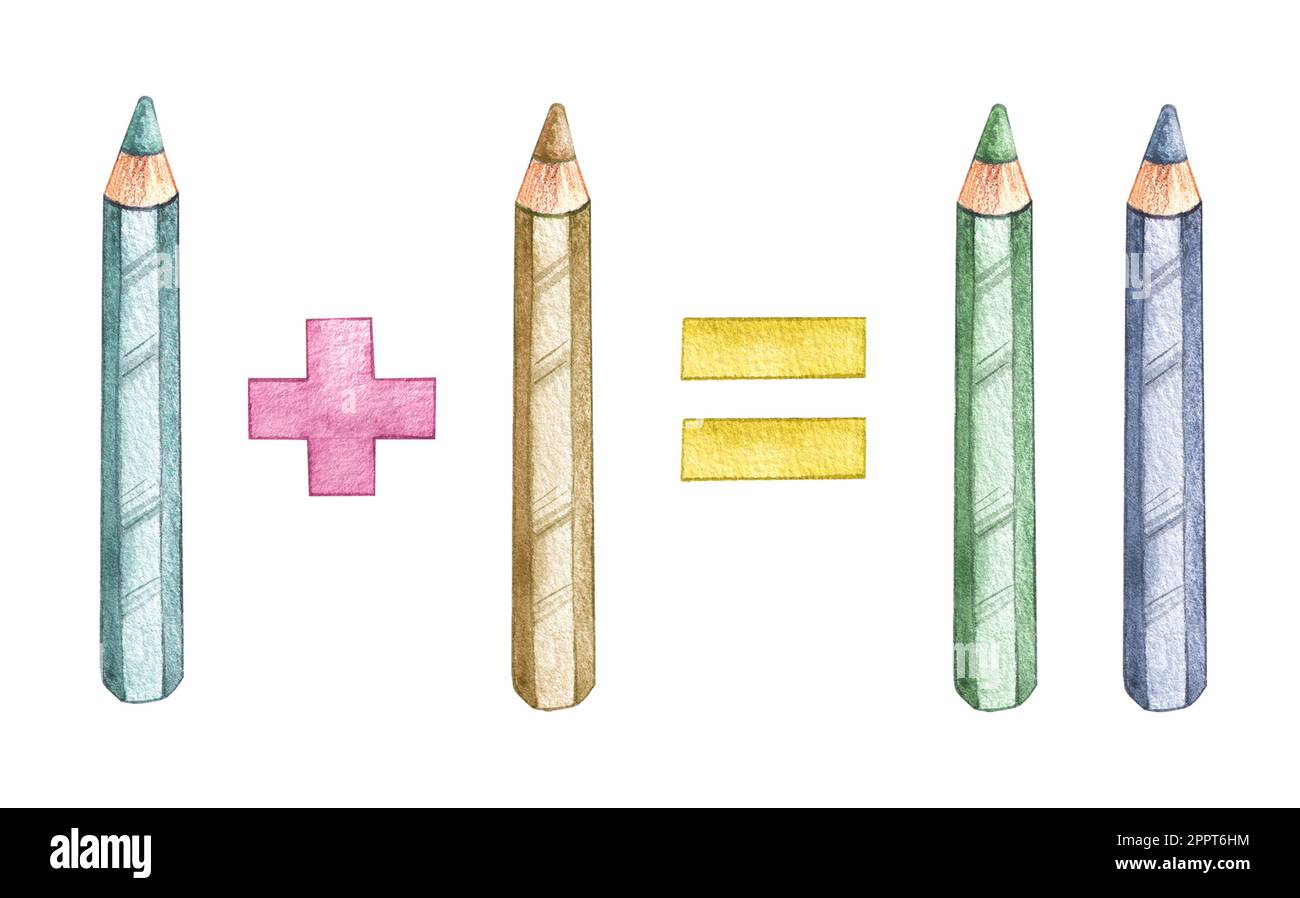 Watercolor math pencils one plus one equals two on a white background ...