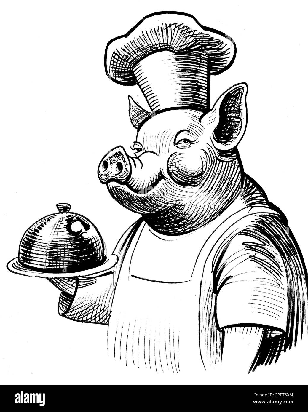 Smiling pig character in apron and chef hat with a meal. Hand-drawn ink ...