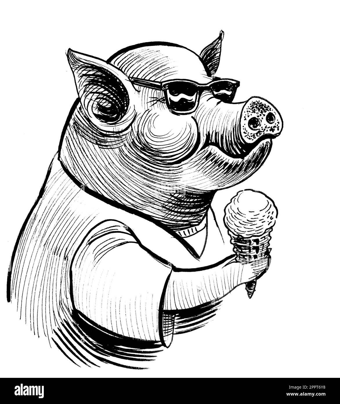 Cool pig in sunglasses eating ice cream cone. Hand-drawn ink on paper ...